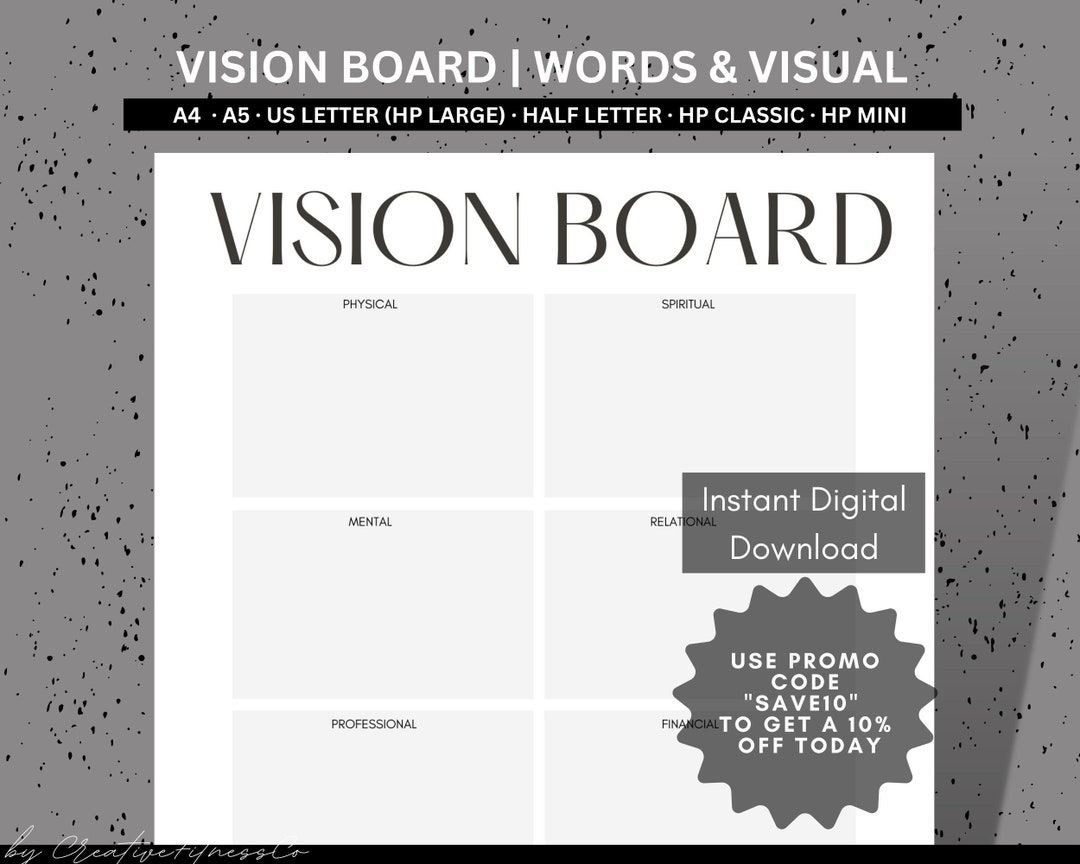 Vision Board Printable Template, Words and Visual Minimalist Worksheets ...