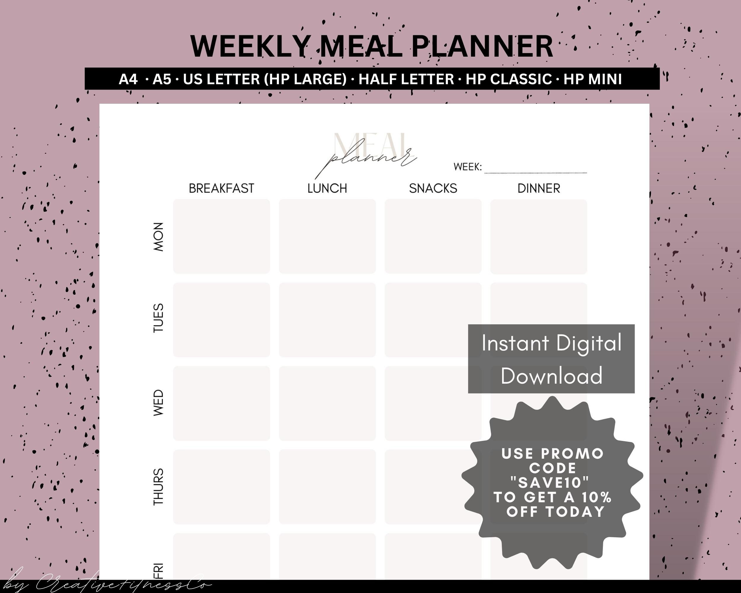 Weekly Meal Planner Printable, Daily Food Plan Template, 7 Day Menu ...