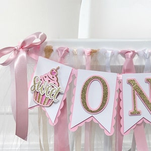 Cupcake ONE Banner pink First Birthday High Chair Banner Sweet One ...