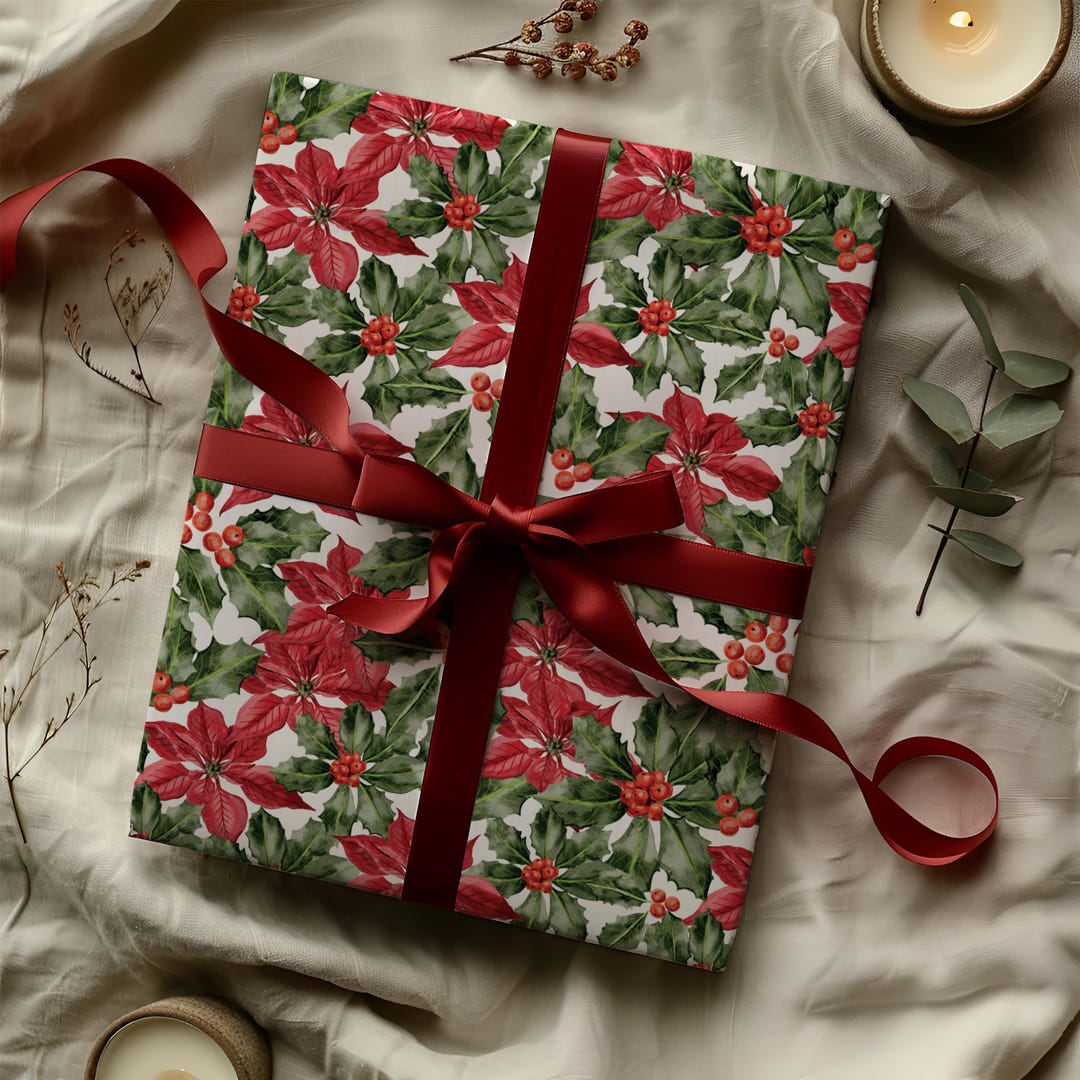 Traditional Christmas Gift Wrap Christmas Flowers Poinsettia Christmas ...
