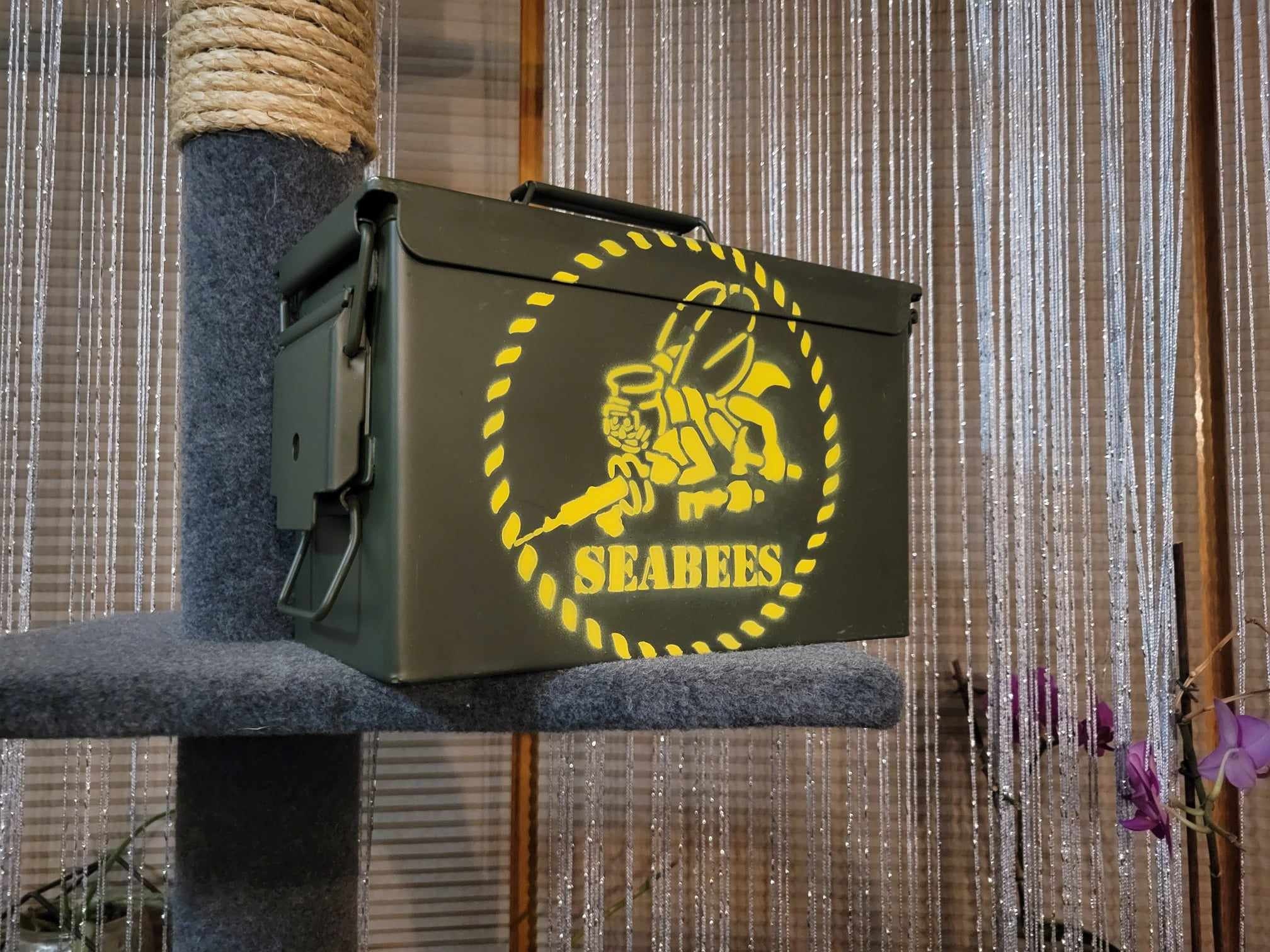 Navy Seabees Stencil Logo 50 Cal Caliber Ammo Can Ammunition Box New Stenciled Metal OD Green ...