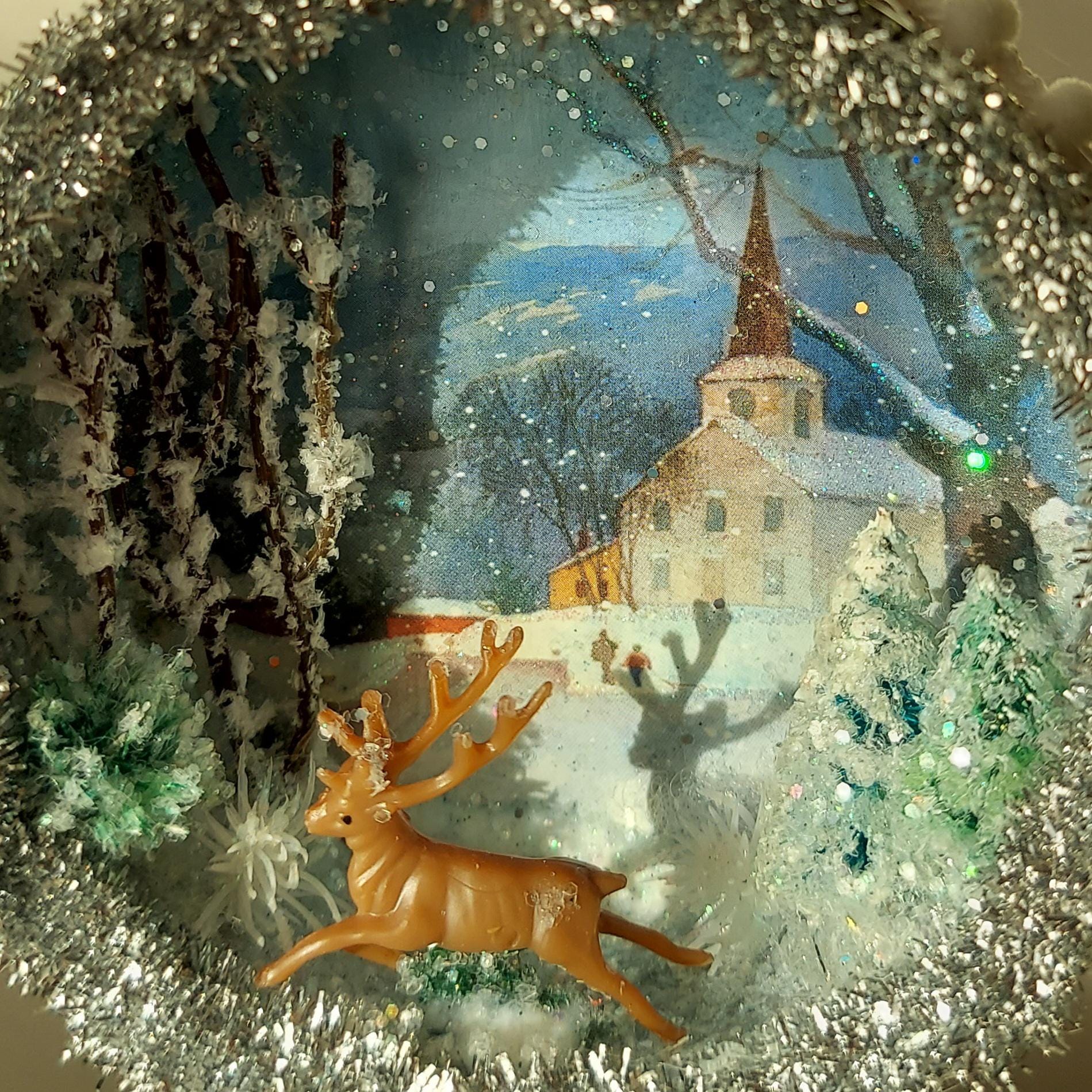 Retro Upcycled Handmade Christmas Diorama Ornament Deer Silver Snowy ...