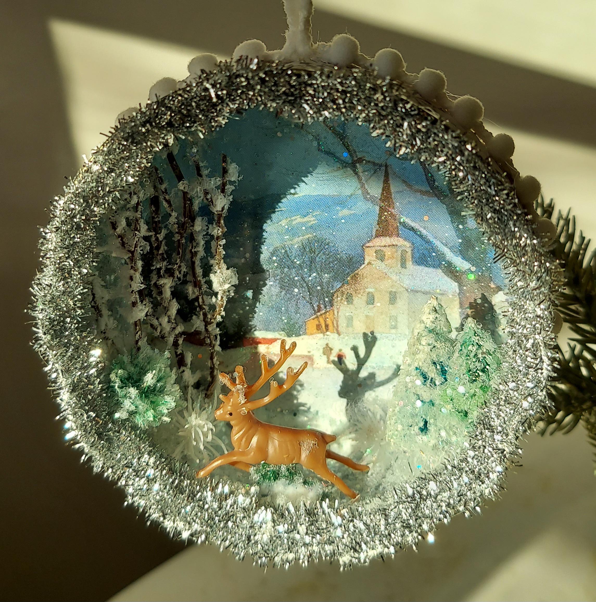 Retro Upcycled Handmade Christmas Diorama Ornament Deer Silver Snowy ...