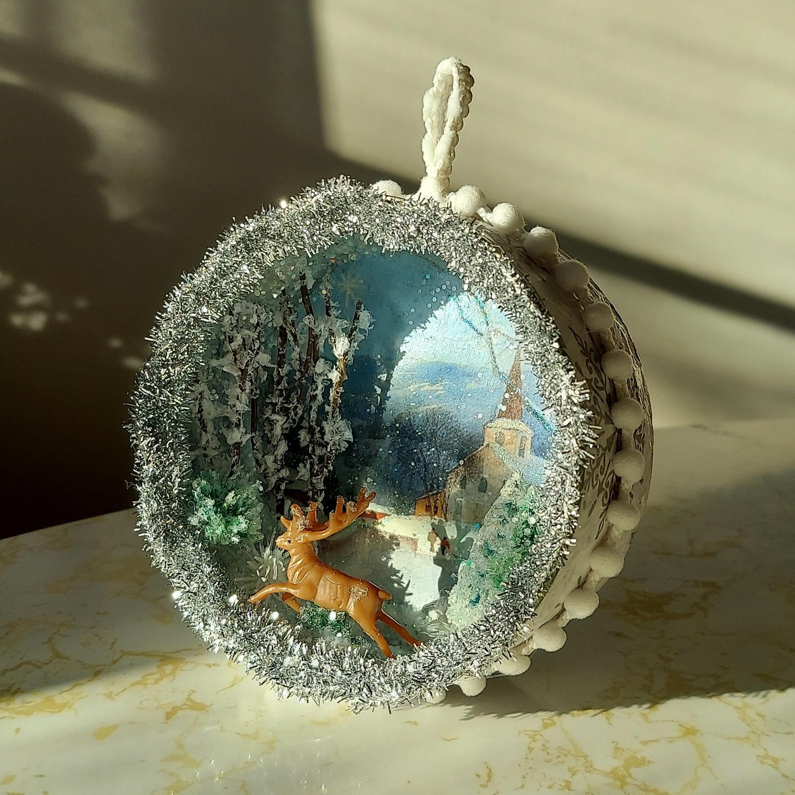 Retro Upcycled Handmade Christmas Diorama Ornament Deer Silver Snowy ...