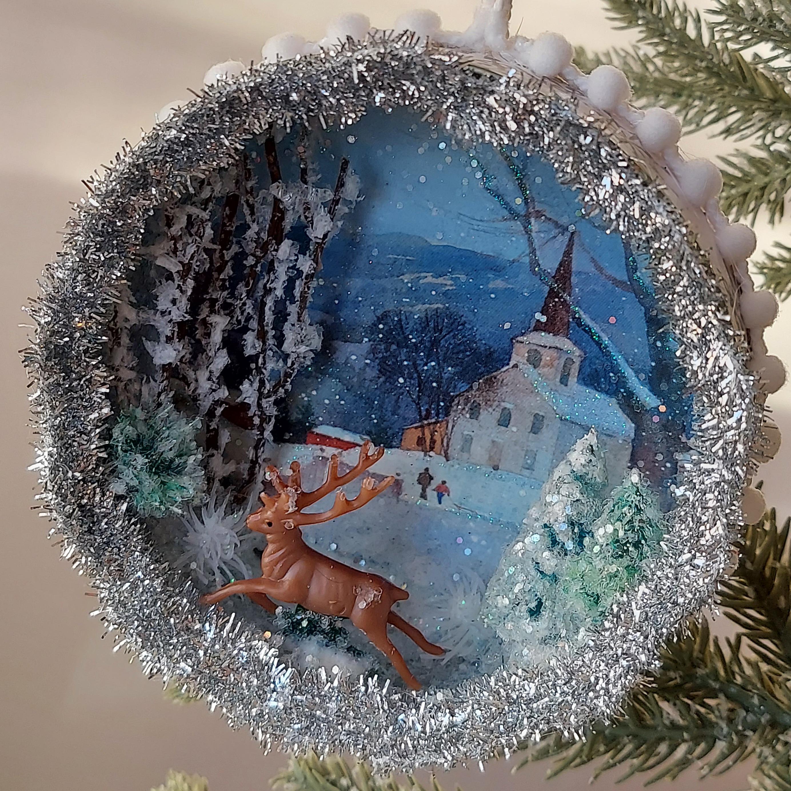 Retro Upcycled Handmade Christmas Diorama Ornament Deer Silver Snowy ...