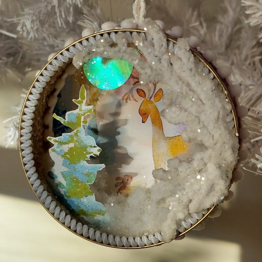 Retro Upcycled Handmade Pastel Winter Forest Reindeer Diorama Christmas ...