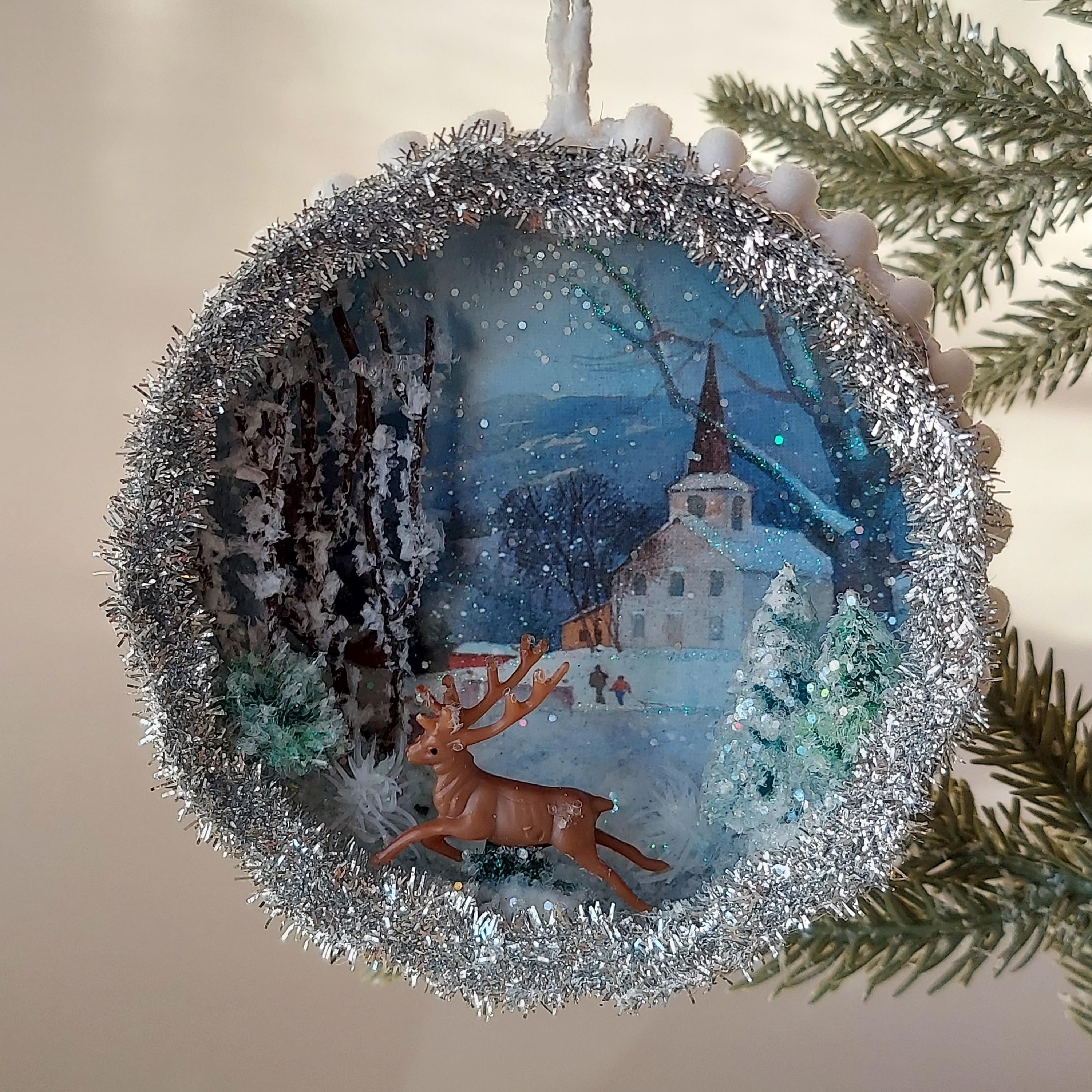 Retro Upcycled Handmade Christmas Diorama Ornament Deer Silver Snowy ...