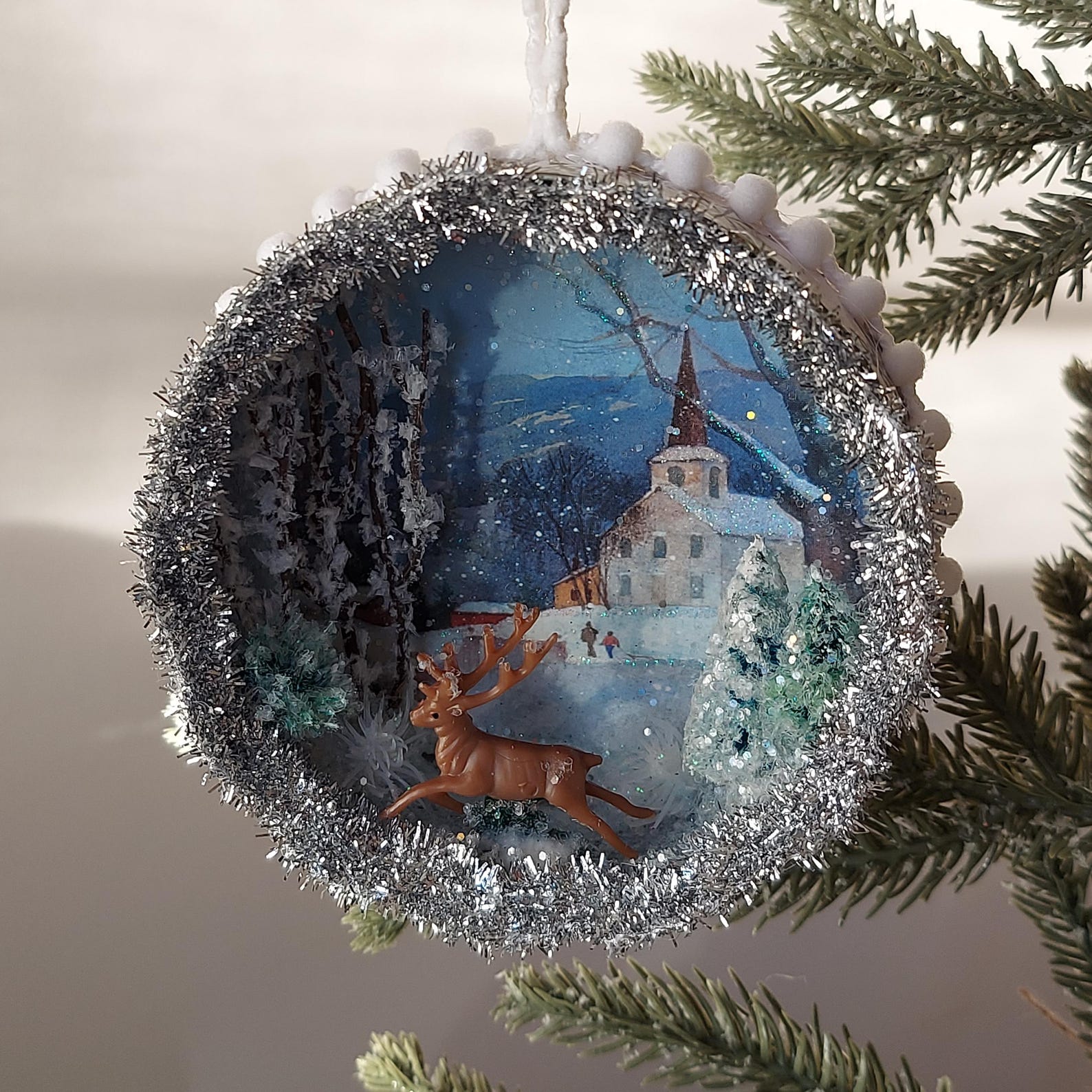 Retro Upcycled Handmade Christmas Diorama Ornament Deer Silver Snowy ...
