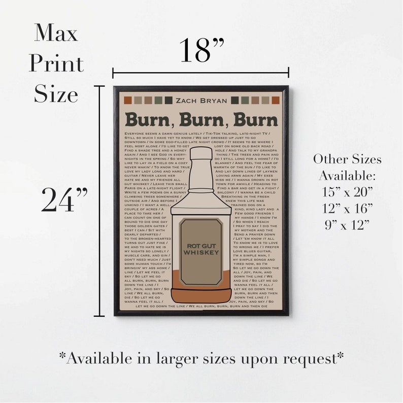 Burn, Burn, Burn by Zach Bryan Full Lyrical Poster - Etsy