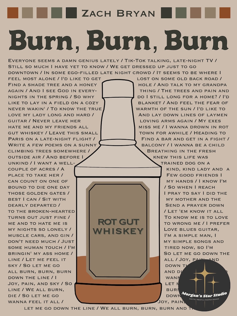Burn, Burn, Burn by Zach Bryan Full Lyrical Poster - Etsy