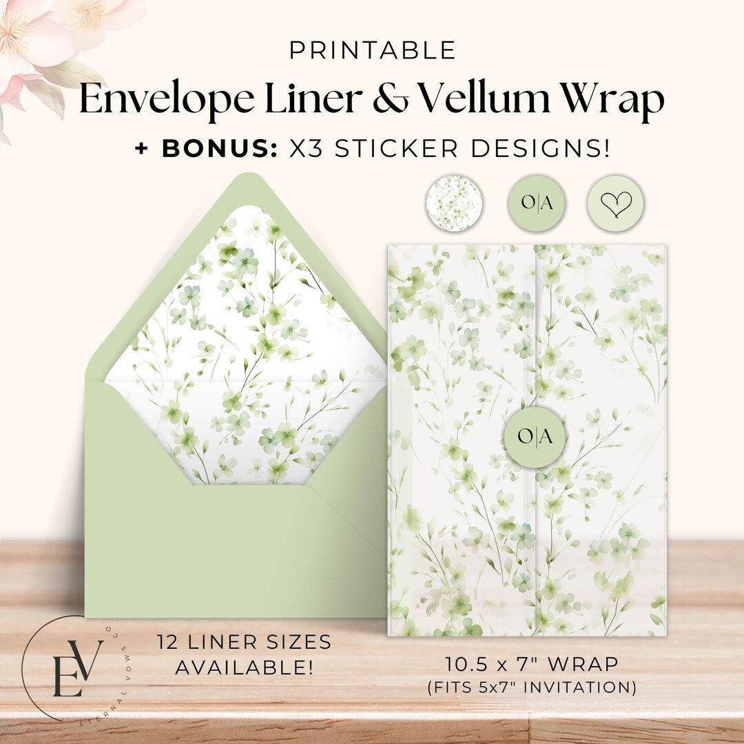 Green Toile Envelope Liner, Printable Floral Design for Weddings, Sage ...