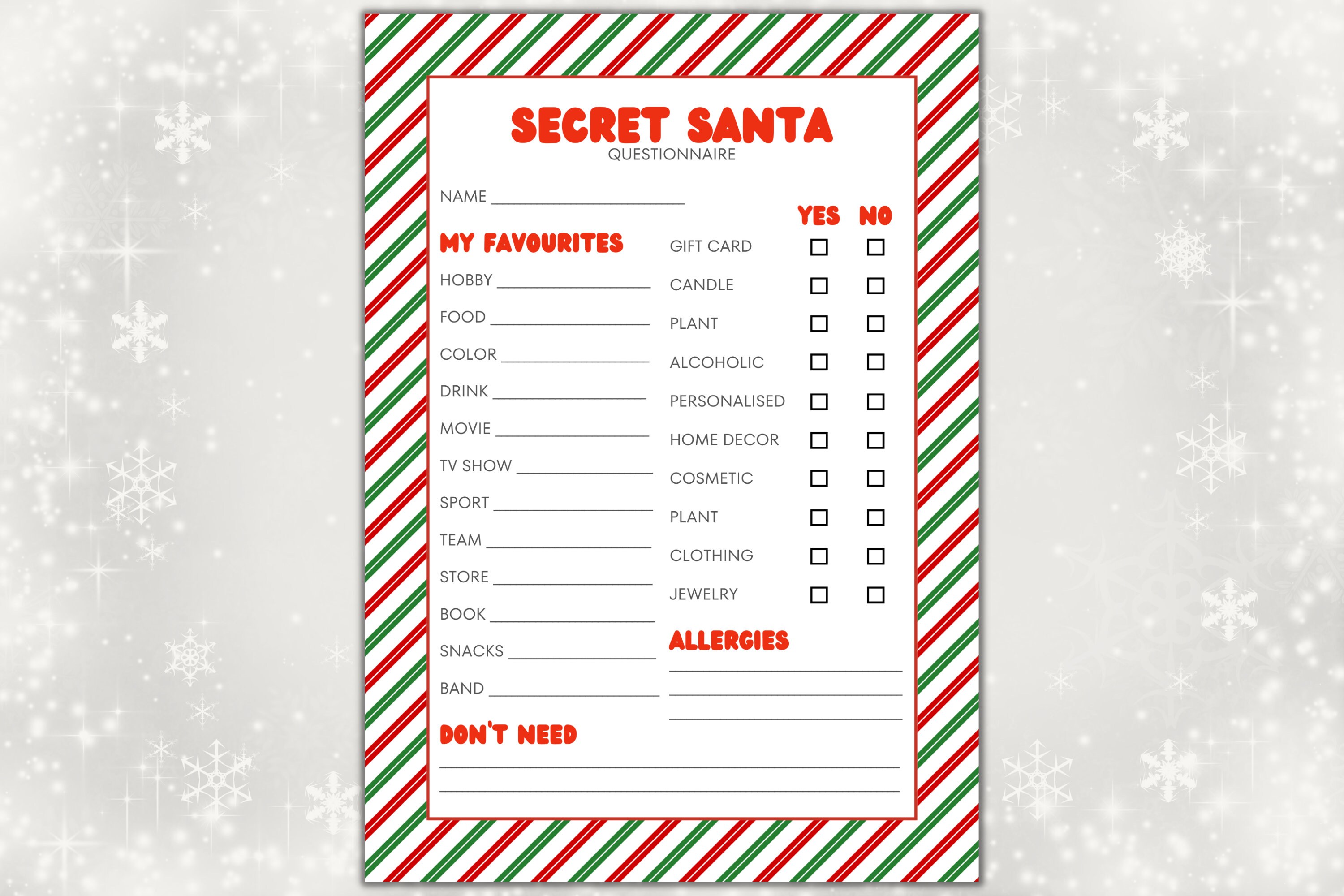 Secret Santa Questionnaire Editable | Secret Santa Gift Questionnaire ...
