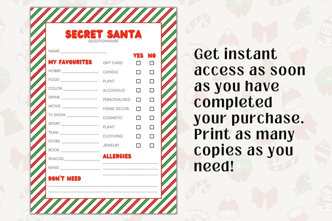 Secret Santa Gift Questionnaire | Secret Santa Questionnaire Work ...