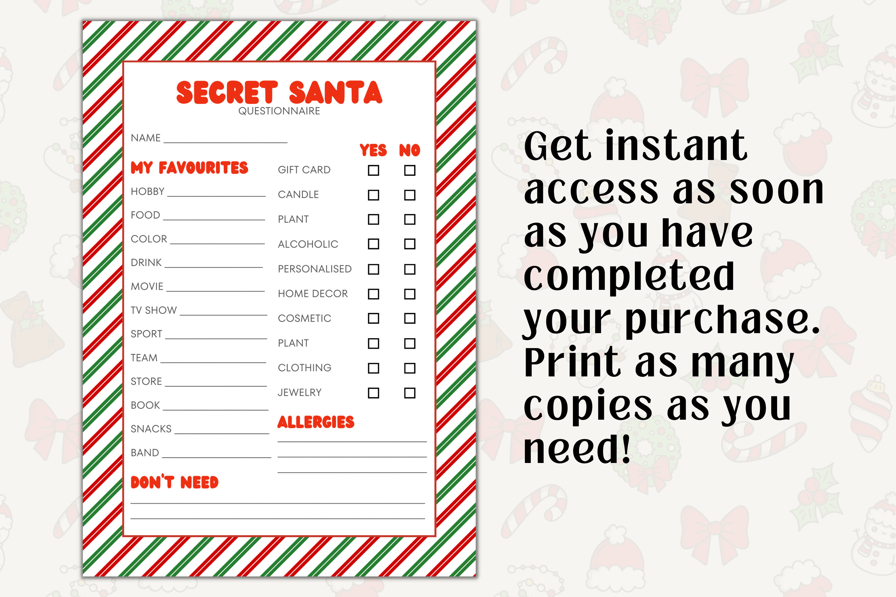 Secret Santa Gift Questionnaire | Secret Santa Questionnaire Work ...