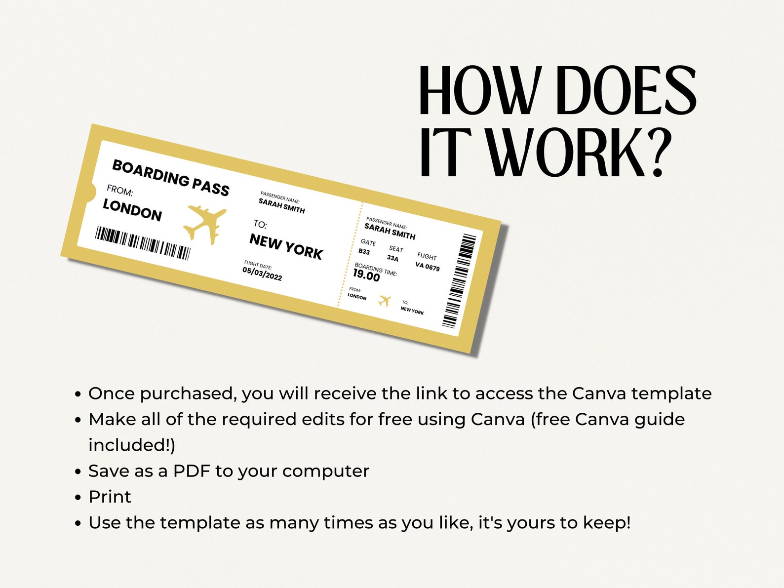 Boarding Pass Template | Editable Boarding Pass | Airline Boarding Pass ...
