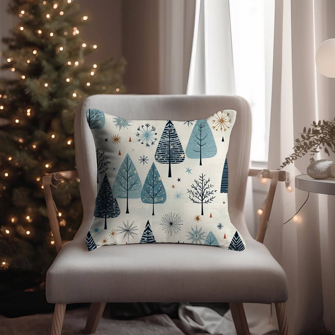 Winter Trees Pillow, Cozy Winter Decor, Blue Winter Pillow, Farmhouse ...