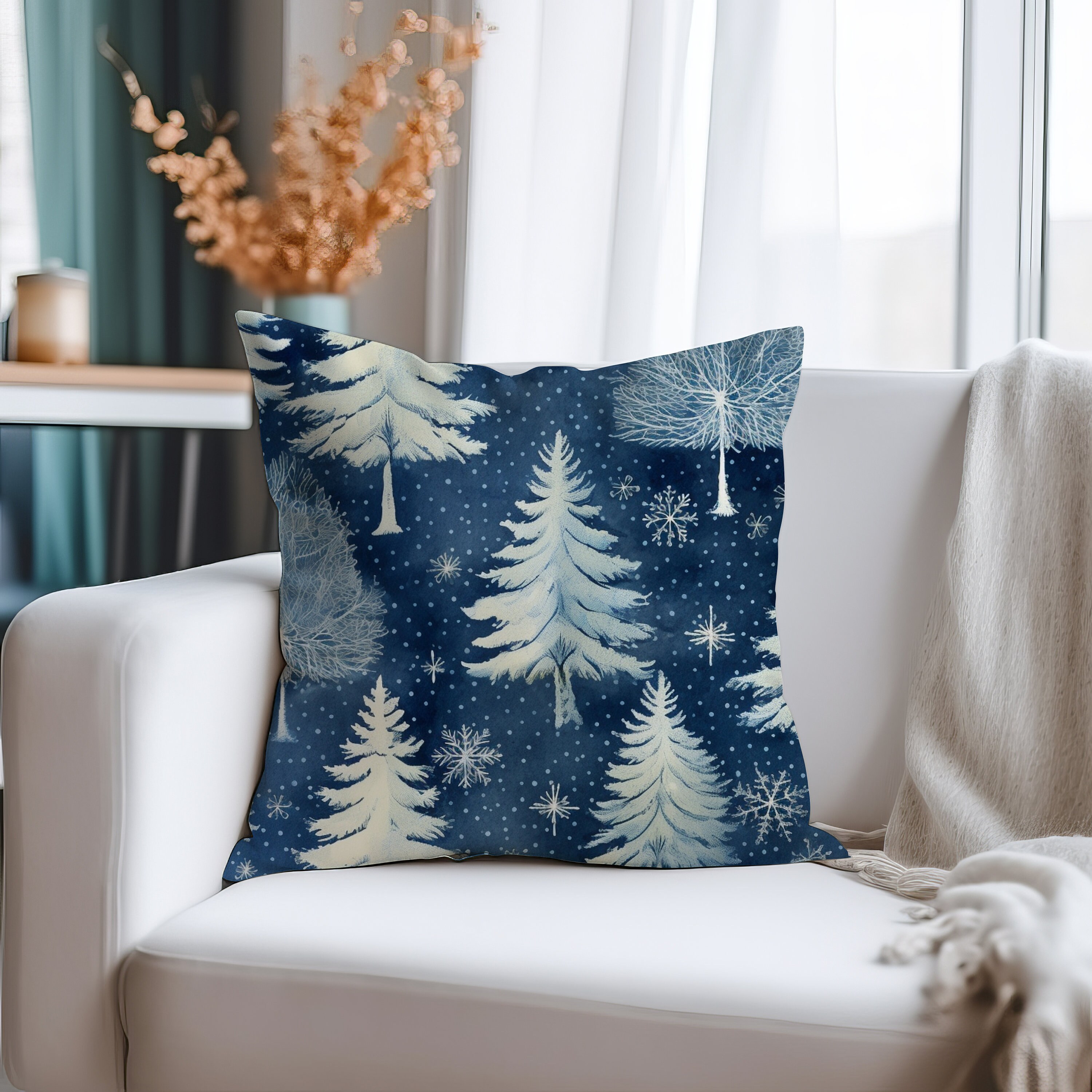 Blue Winter Pillow, Cozy Winter Decor, Christmas Pillows, Farmhouse ...