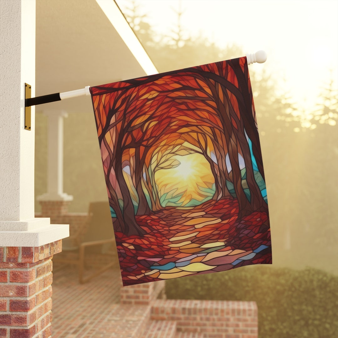 Fall Welcome House Flag, Fall Path, Garden & House Banner, Autumn Stained Glass Style Design ...