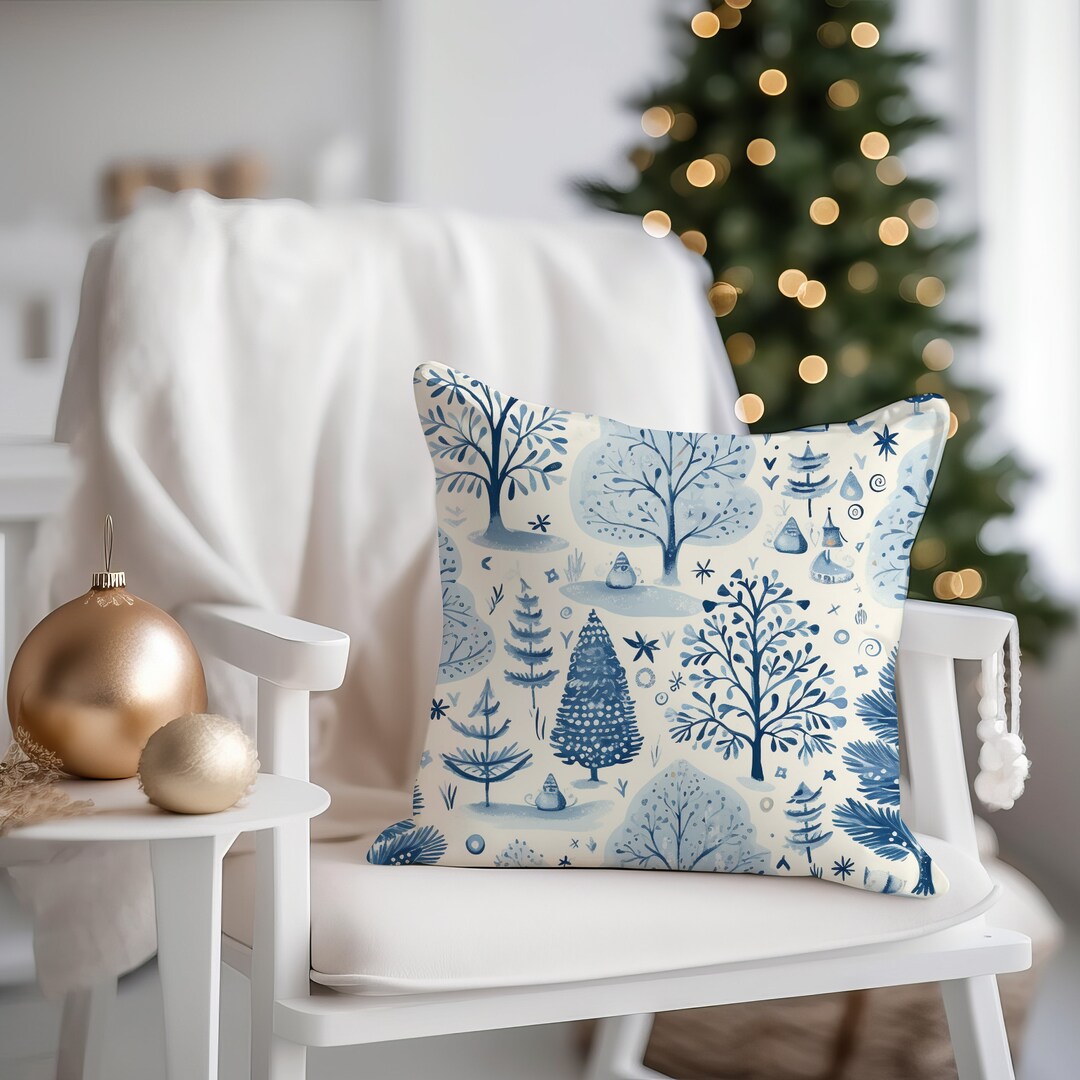 Winter Trees Pillow, Cozy Winter Decor, Blue Winter Pillow, Farmhouse ...