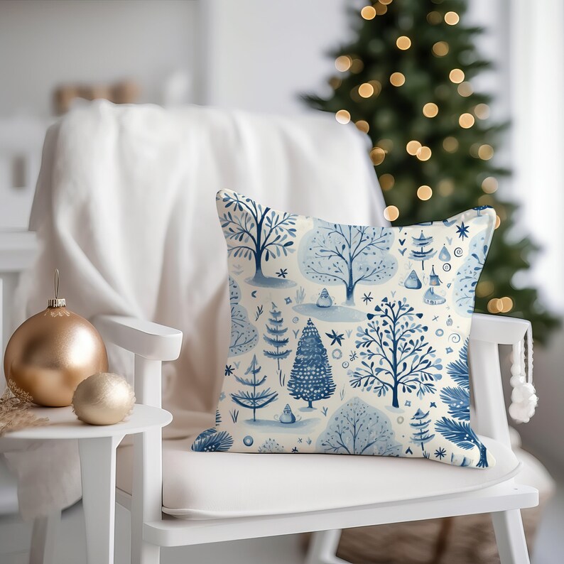 Winter Trees Pillow, Cozy Winter Decor, Blue Winter Pillow, Farmhouse ...