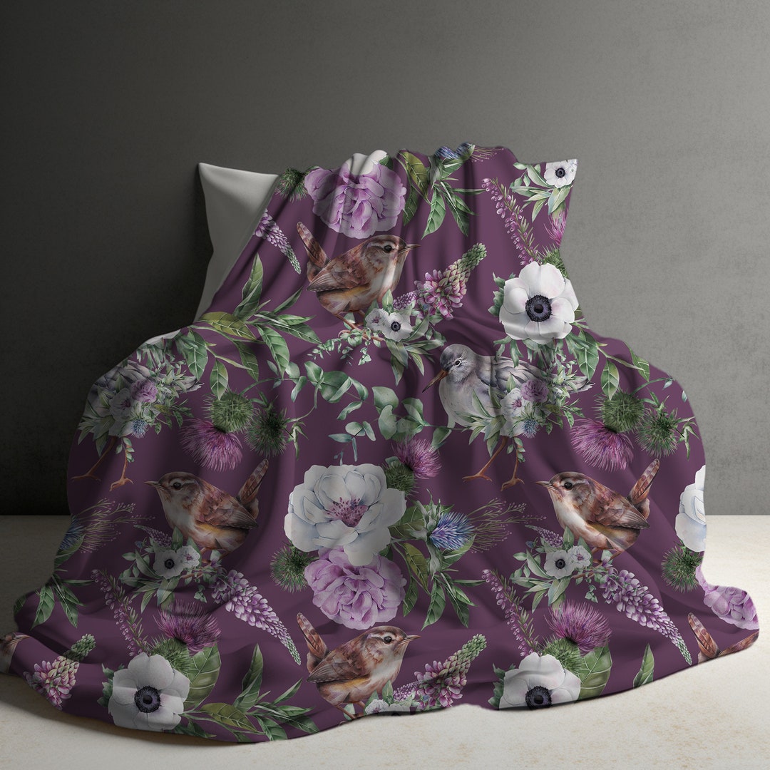 Spring Floral Blanket, Bird Decor, Bird Blanket, Spring Decor, Sofa ...