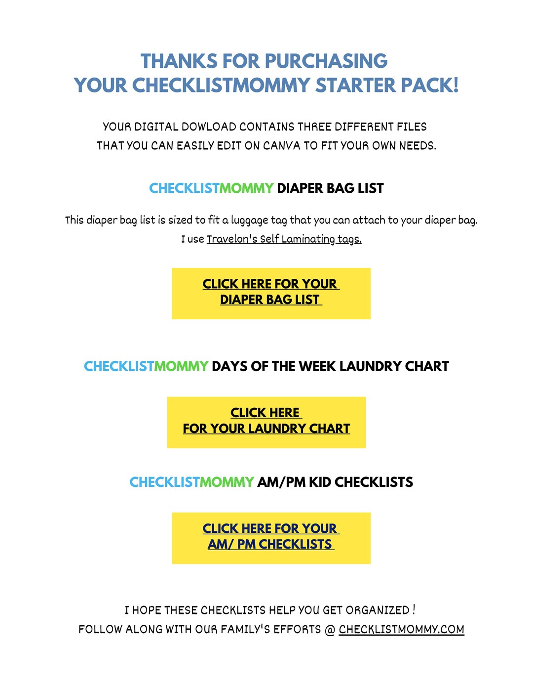 CHECKLISTMOMMY STARTER PACK: Diaper Bag Checklist, Laundry Chart ...