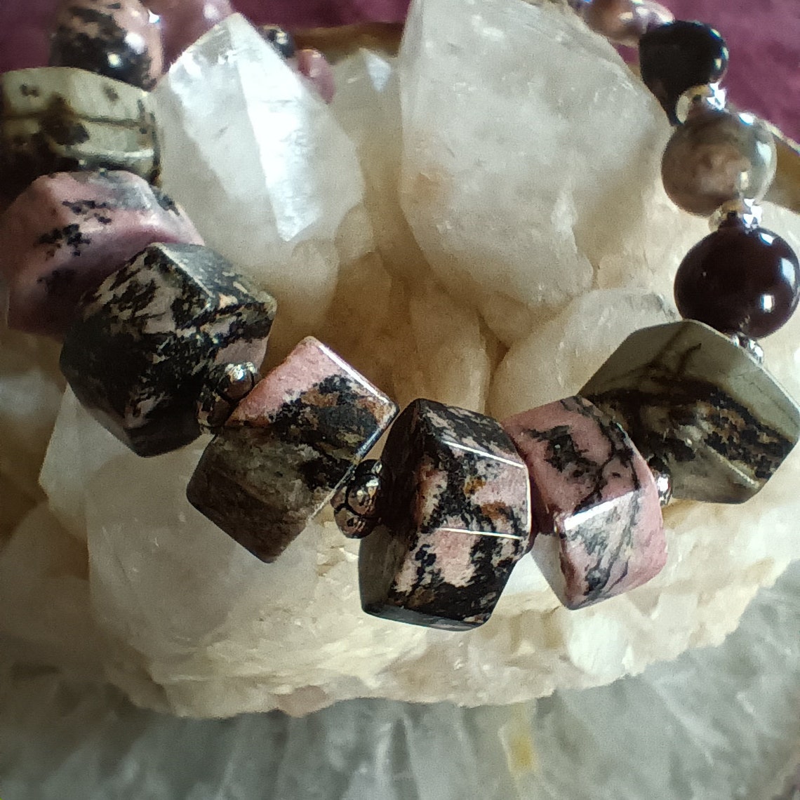 Chunky Gemstone Bracelet, Rhodonite Bracelet, Boho Style, Charm ...