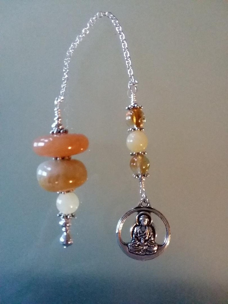 Multi Gemstone Pendulum With Buddha Charm, Citrine, Yellow Jade, Reversible Charm, Wire Wrapped ...