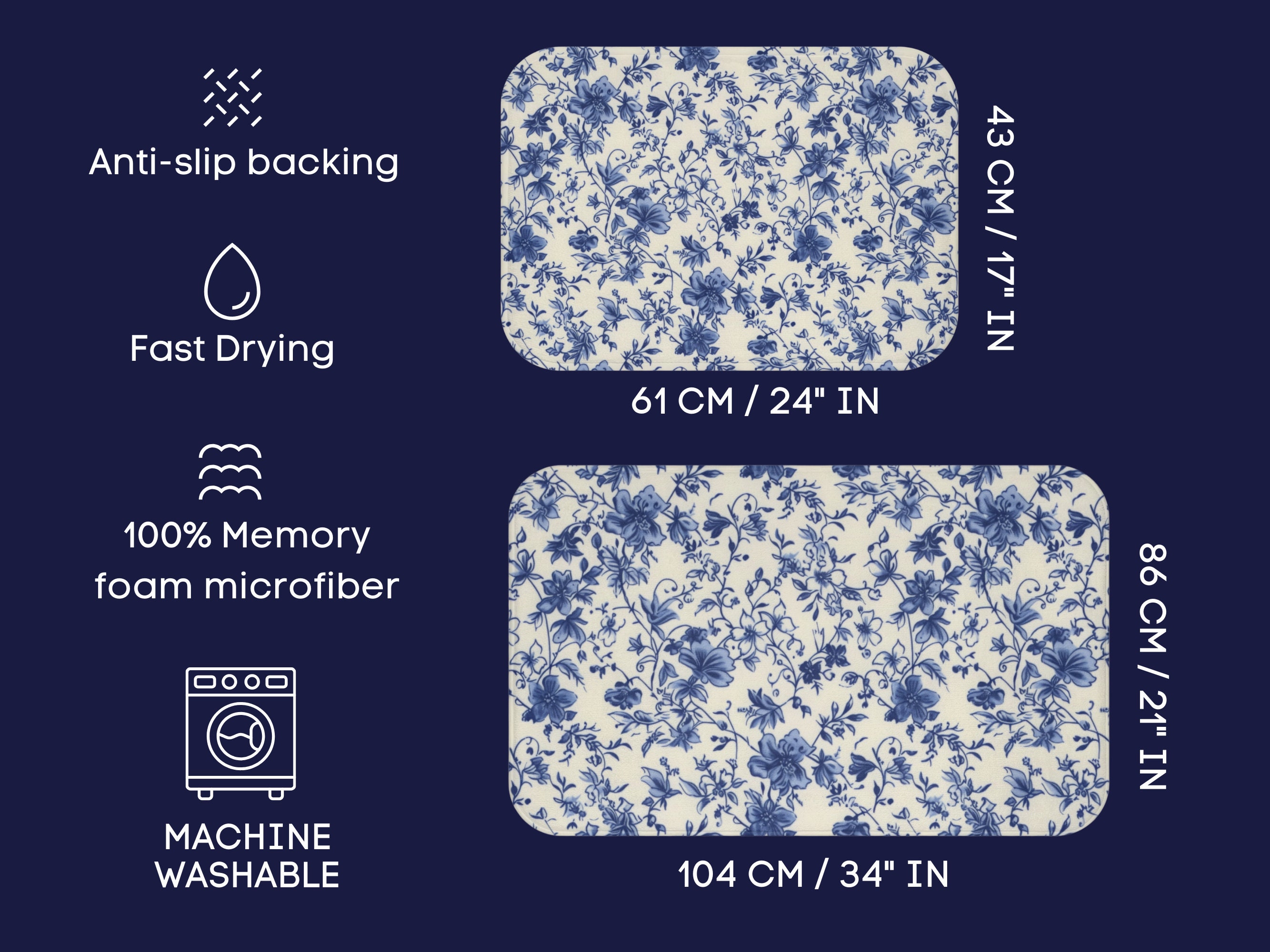 Blue Toile De Jouy Bath Mat, Floral Bath Mat, Toile Bath Mat Set, Cute ...