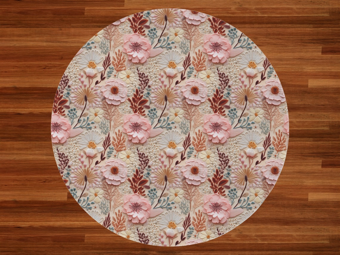 Floral Round Area Rug, Boho Flowers Round Floor Mat, Cottagecore Round ...