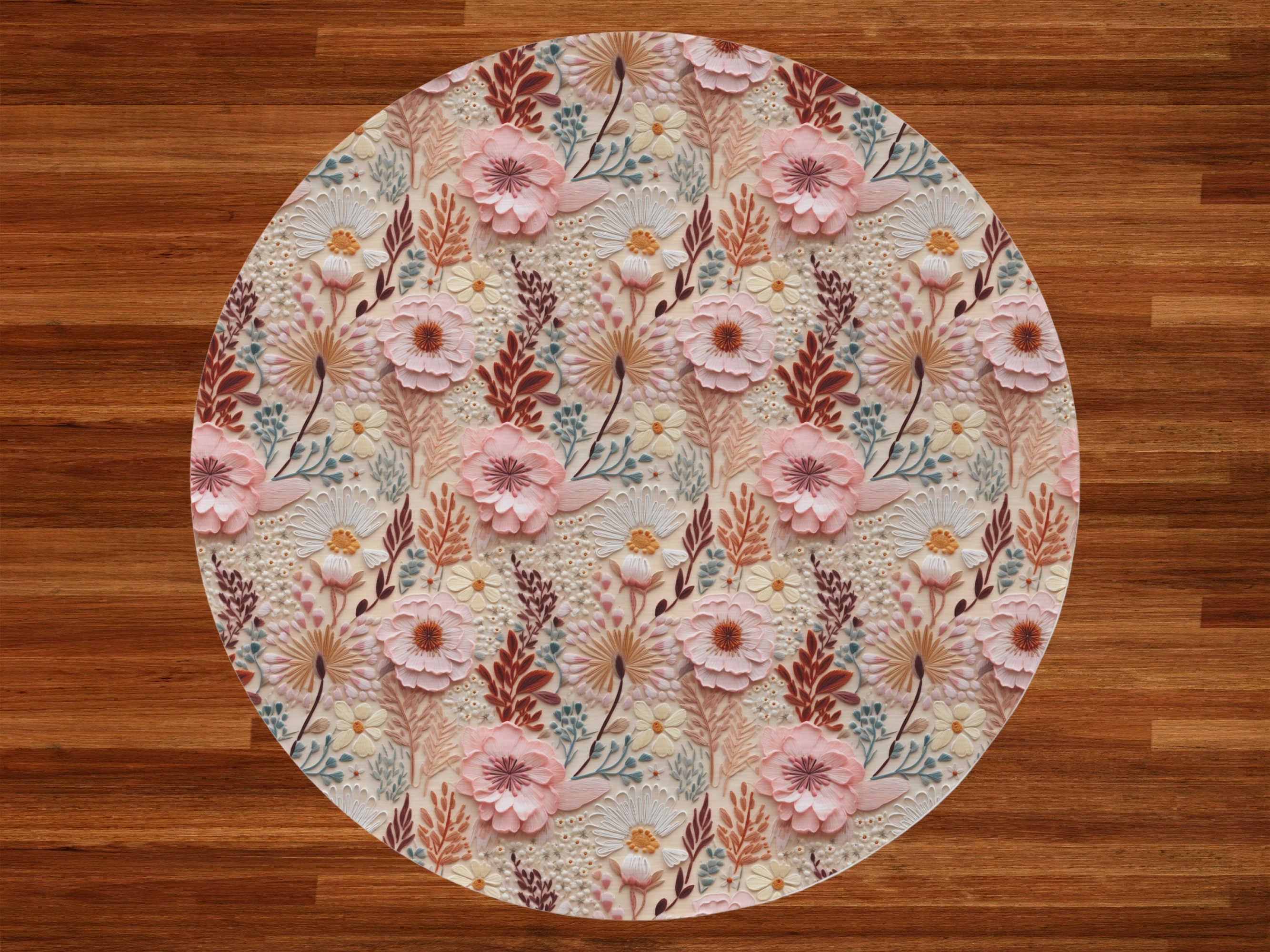 Floral Round Area Rug, Boho Flowers Round Floor Mat, Cottagecore Round ...