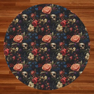 Round Flower Gothic Rug, Skull Decor, Botanical Skull Round Area Rug ...