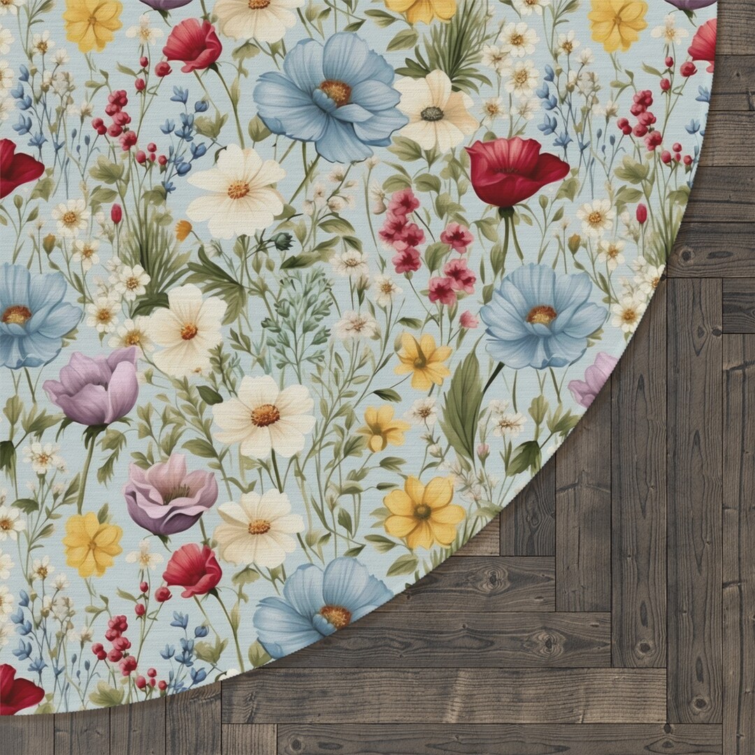 Wildflower Cottagecore Round Rug, Round Floral Rug, Pastel Wildflower ...
