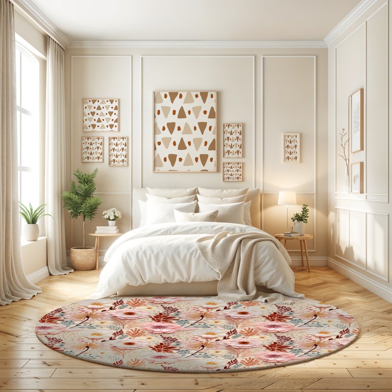 Floral Round Area Rug, Boho Flowers Round Floor Mat, Cottagecore Round ...