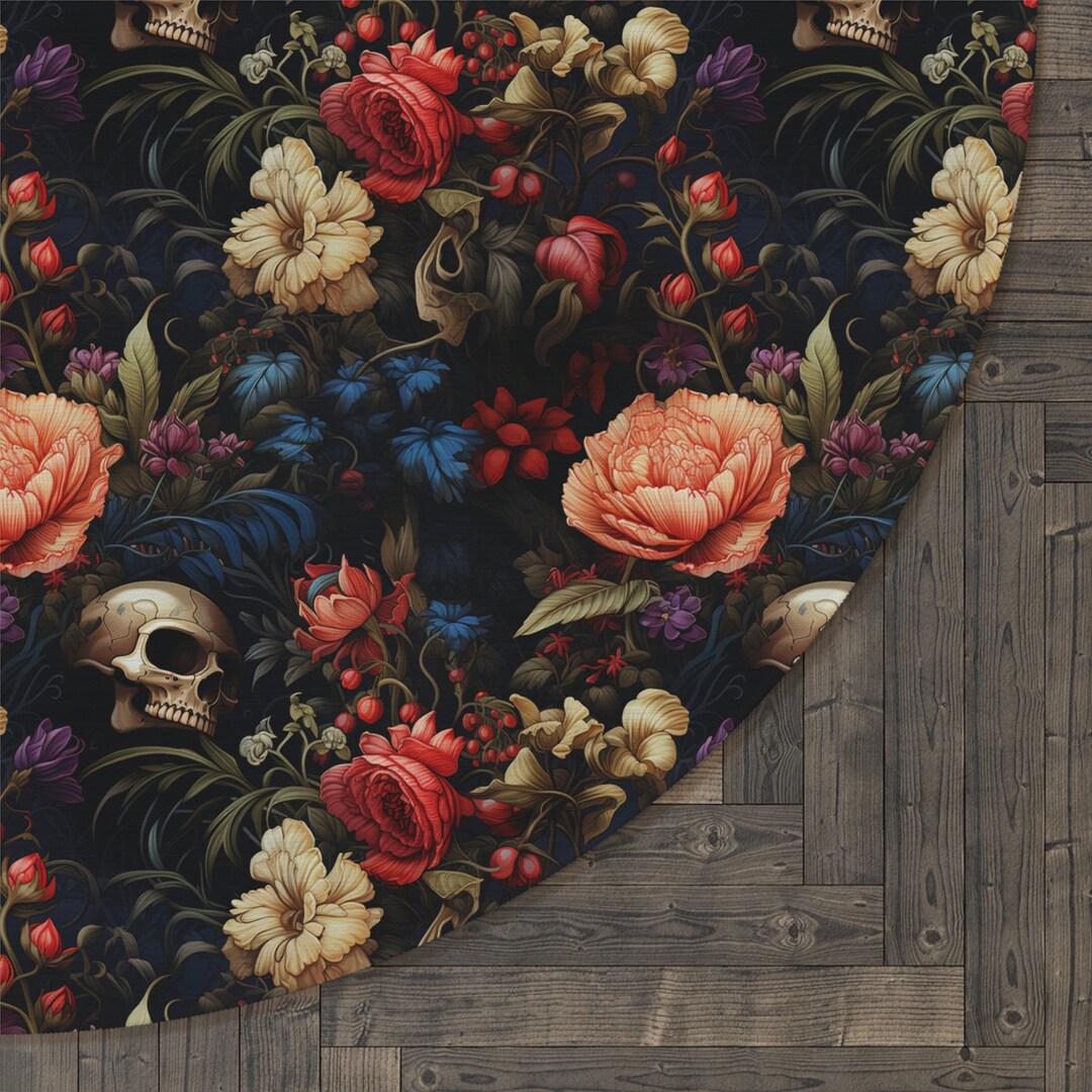 Round Flower Gothic Rug, Skull Decor, Botanical Skull Round Area Rug ...