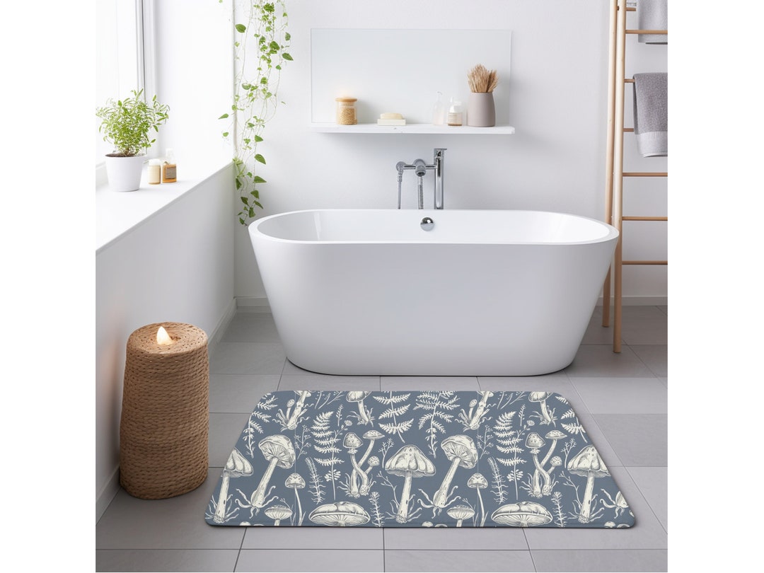 Blue & White Mushroom Bath Mat, Memory Foam Bath Mat, Blue Bath Mat ...