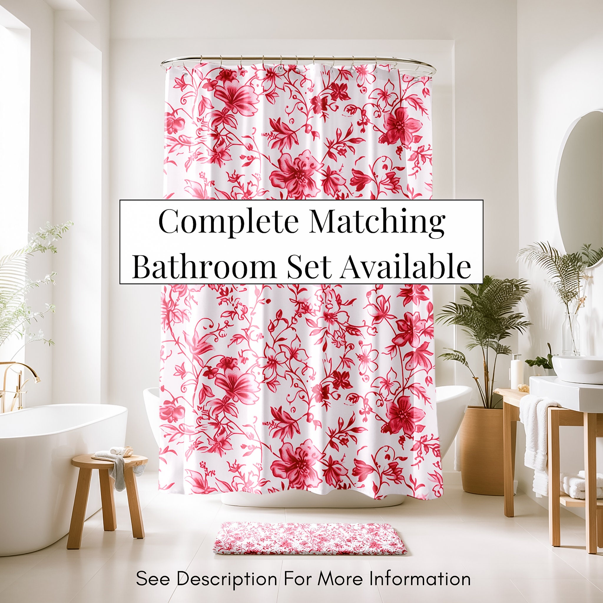 Pink Toile De Jouy Bath Mat, Floral Memory Foam Bath Mat, Cute Toile ...
