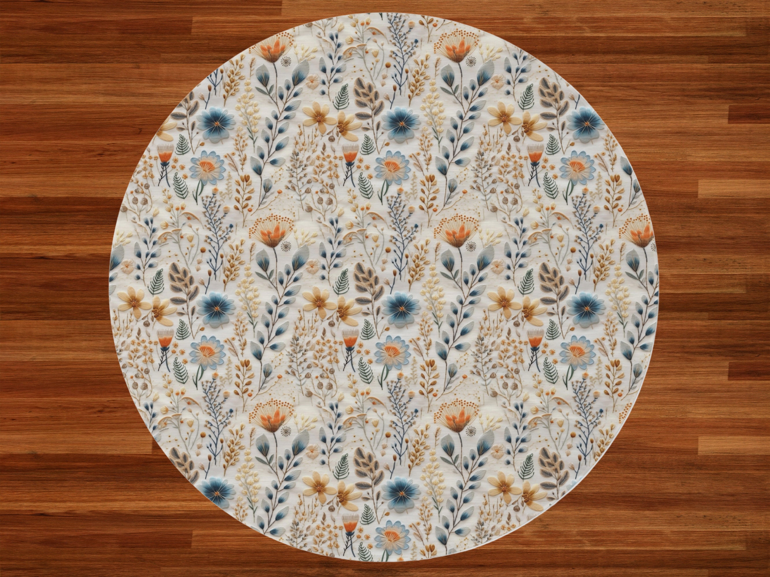 Floral Round Area Rug, Boho Flowers Round Floor Mat, Cottagecore Round ...