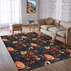 Round Flower Gothic Rug, Skull Decor, Botanical Skull Round Area Rug ...