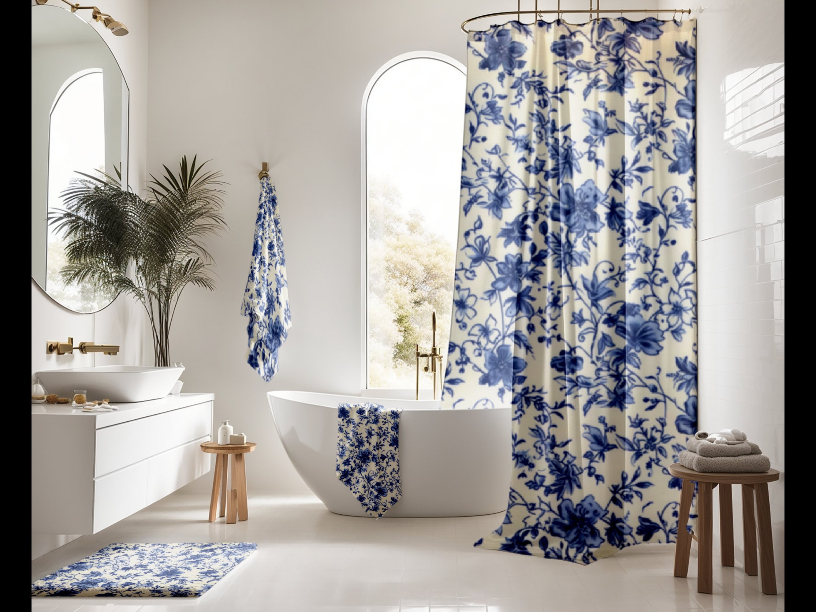 Blue Toile De Jouy Bath Mat, Floral Bath Mat, Toile Bath Mat Set, Cute ...