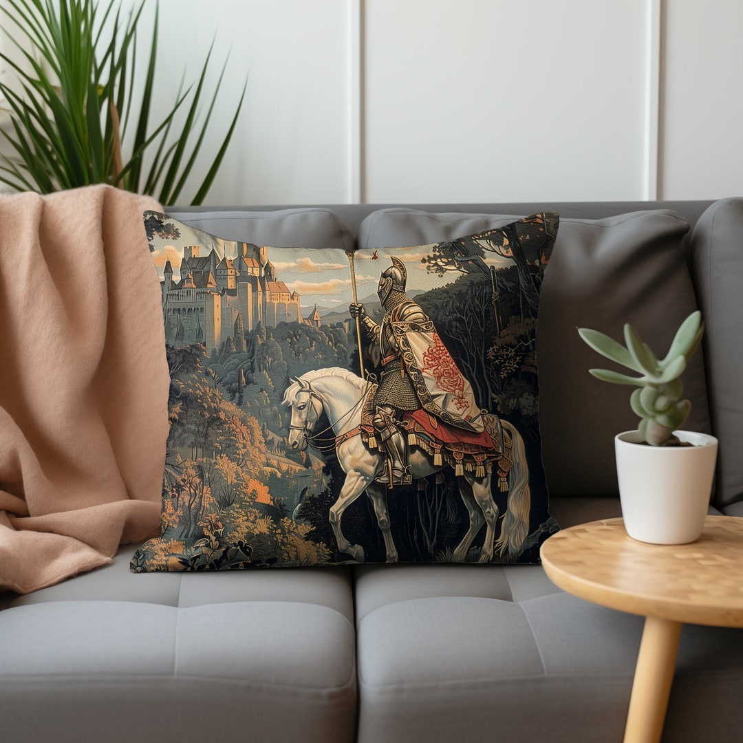 Knight Tapestry Pillow, King Arthur Pillow, Medieval Pillow, Tapestry ...