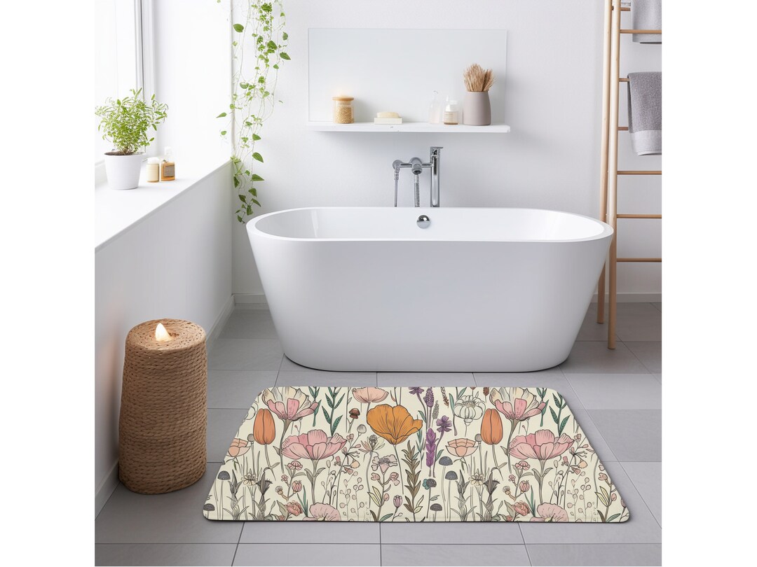 Wildflower Boho Bath Mat, Cute Bath Mat, Decorative Bath Mat, Memory ...