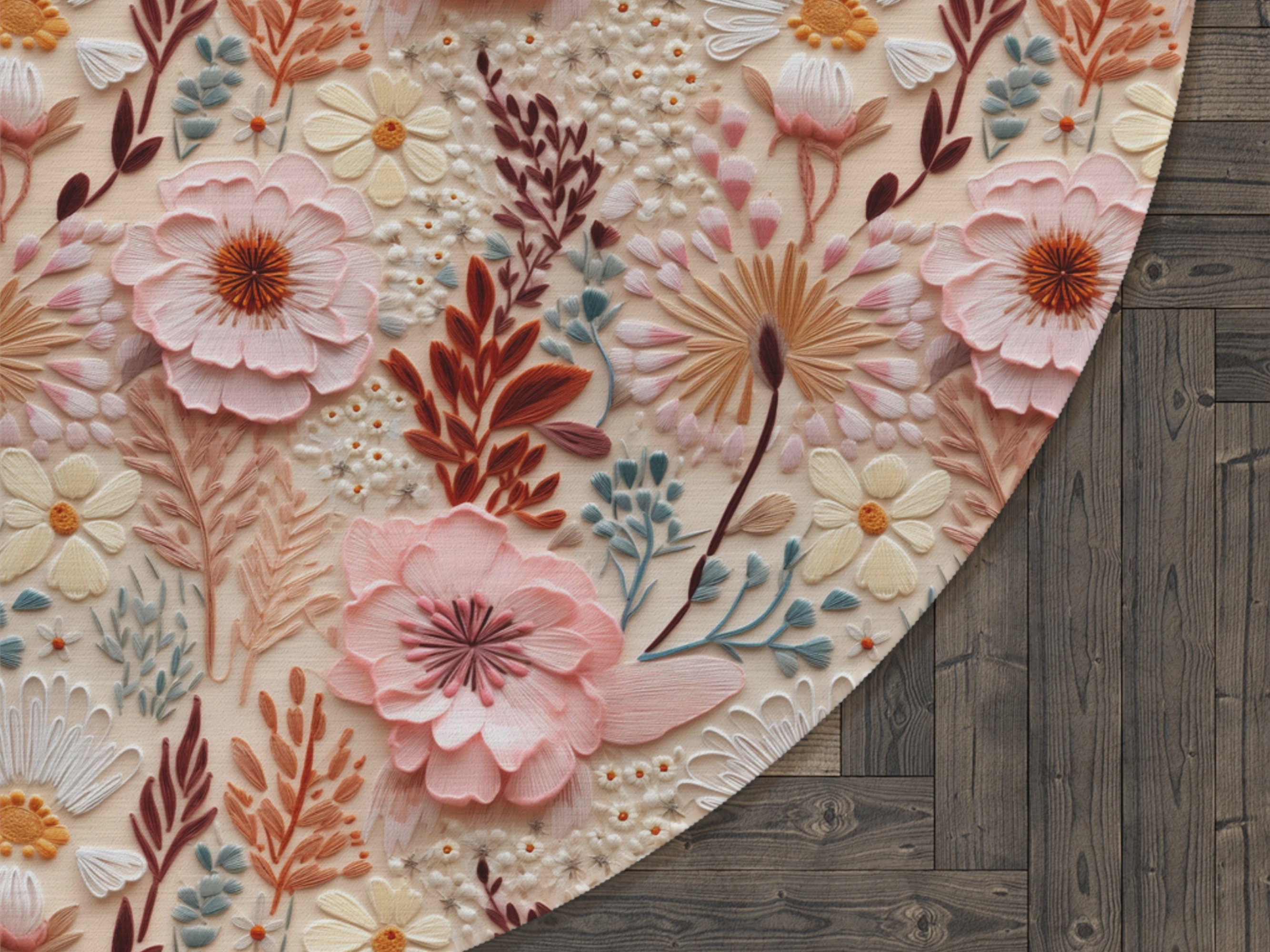 Floral Round Area Rug, Boho Flowers Round Floor Mat, Cottagecore Round ...