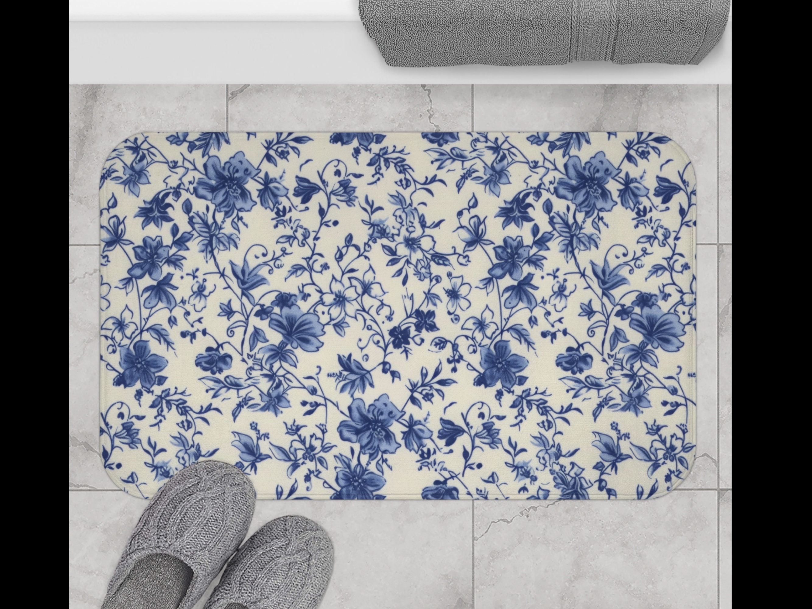 Blue Toile De Jouy Bath Mat, Floral Bath Mat, Toile Bath Mat Set, Cute ...