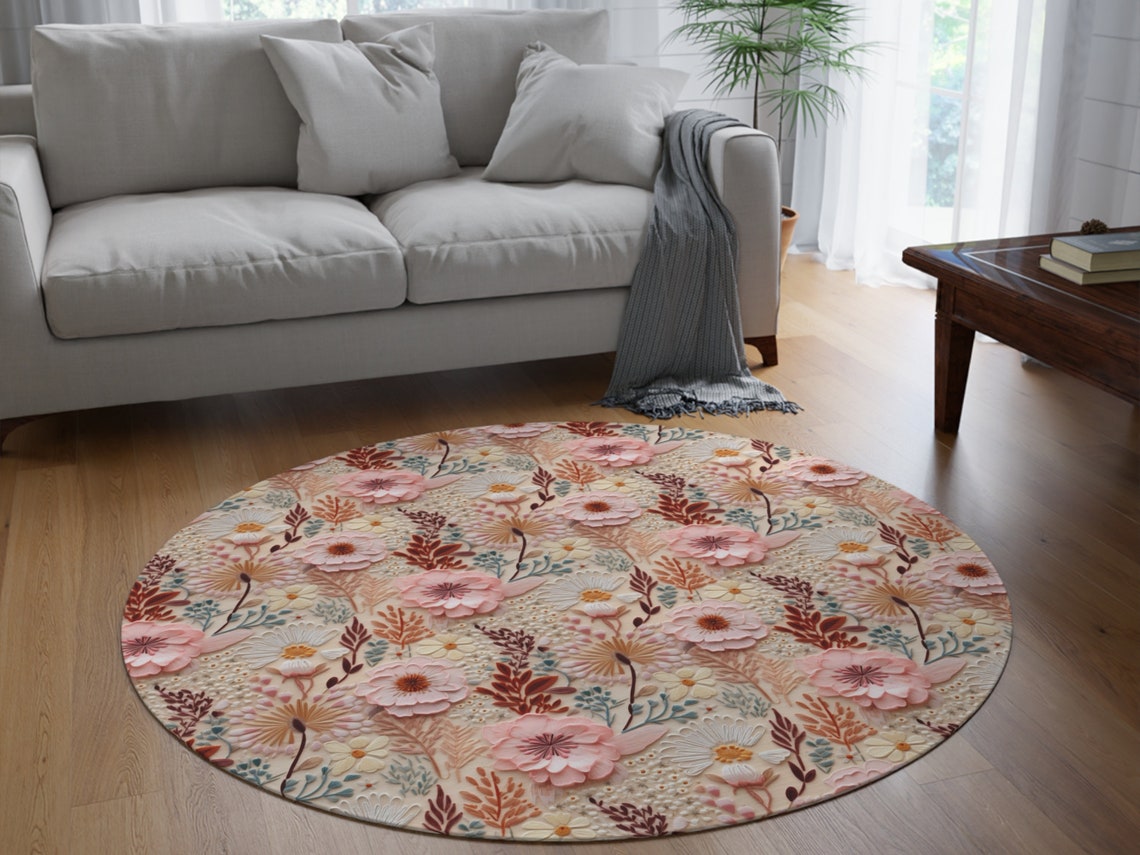 Floral Round Area Rug, Boho Flowers Round Floor Mat, Cottagecore Round ...