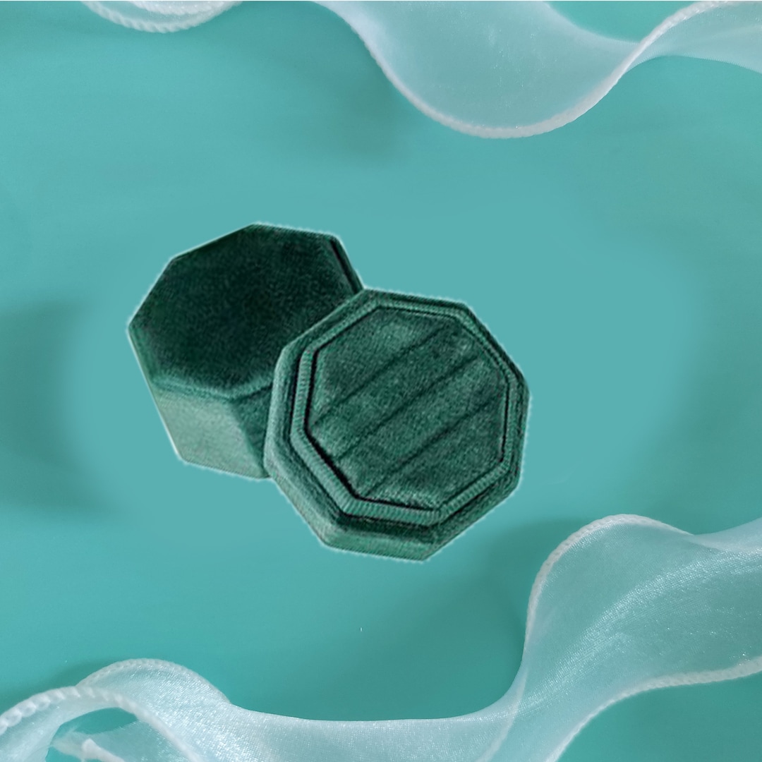 Velvet Octagon Ring Box Dark Green Ring Box Triple Slot Wedding ...