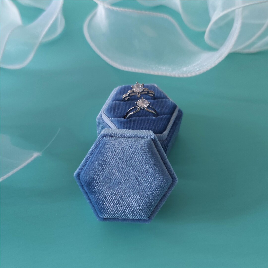 Velvet Hexagon Ring Box Light Blue Ring Box Double Slot Wedding ...