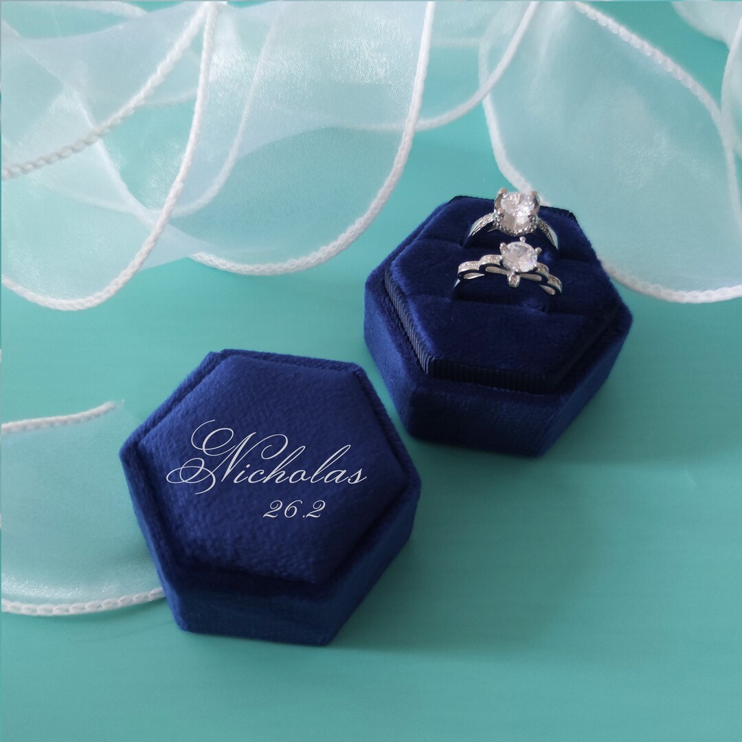 Personalized Velvet Hexagon Ring Box Blue Custom Ring Box Single Slot ...