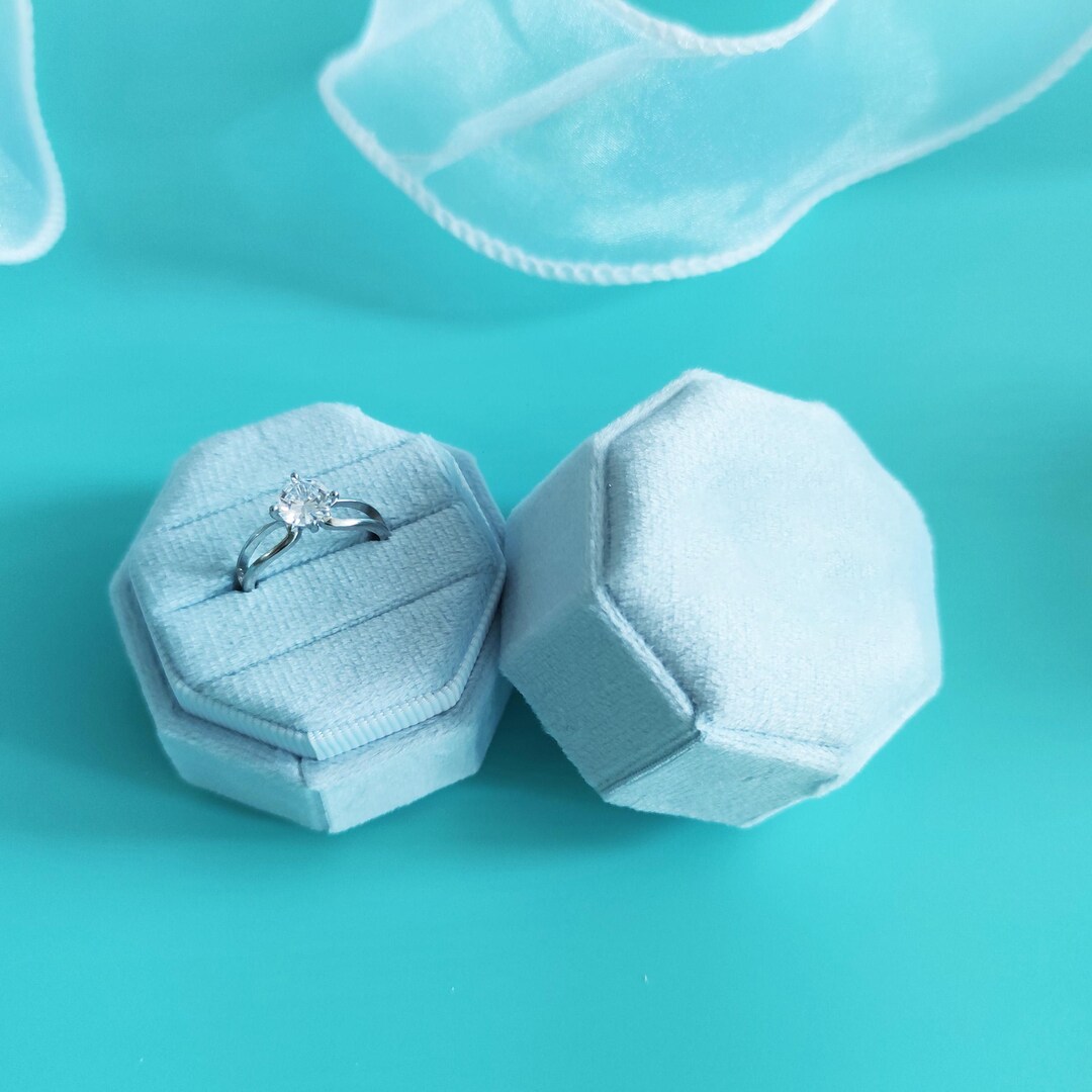 Velvet Octagon Ring Box Baby Blue Ring Box Triple Slot Wedding ...