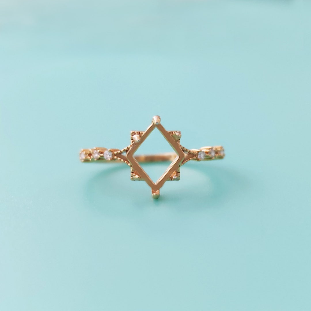 Solid Gold Retro Rhombus Blank Ring Setting, 10k 14k Gold Ring ...